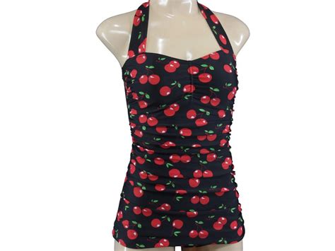 Rockabilly Retro Swimsuit With Cherries Cherry Tummy Control Cherries 50s Vintage Halterneck