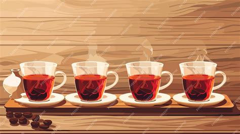 Four Cups Of Tea Are Lined Up On A Table With Cups Of Tea And Saucers