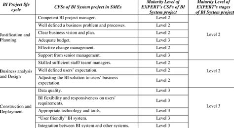 The Maturity Level Of Experts Bi System Project Download Table