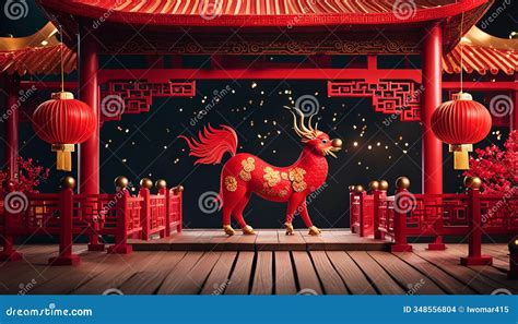 Chinese New Year Celebration With Red Lantern And Mythical Creature