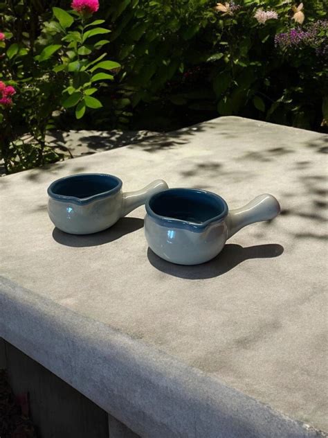 Vintage Pair Of Blue And Green Pottery Creamer Jug Mini Sauce Pitcher