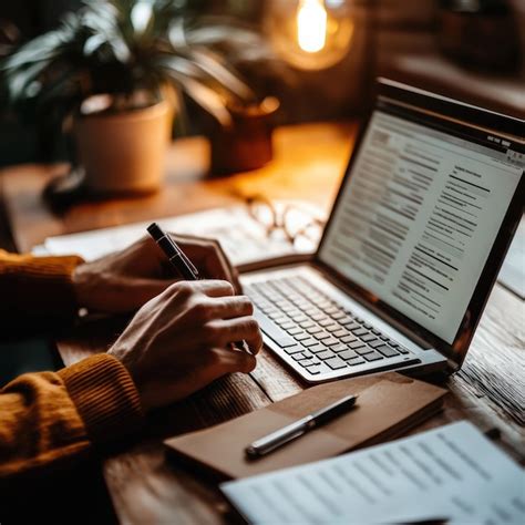 A Person Working At A Desk Using A Laptop While Writing Notes Cozy