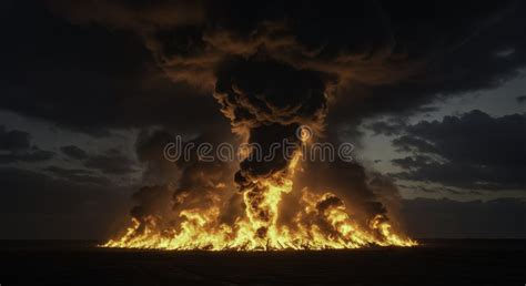 Massive Night Fire Burning With Dark Clouds And Orange Flames Stock