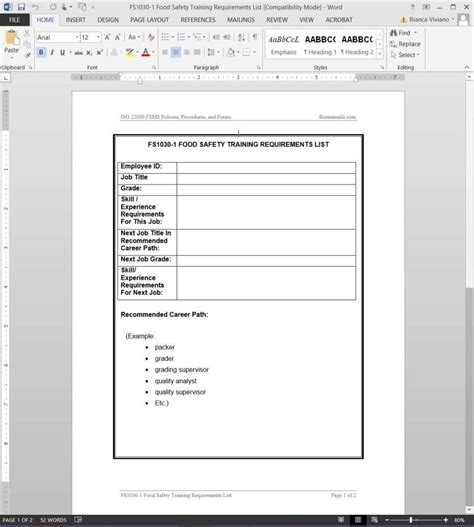 Food Safety Training Plan Template