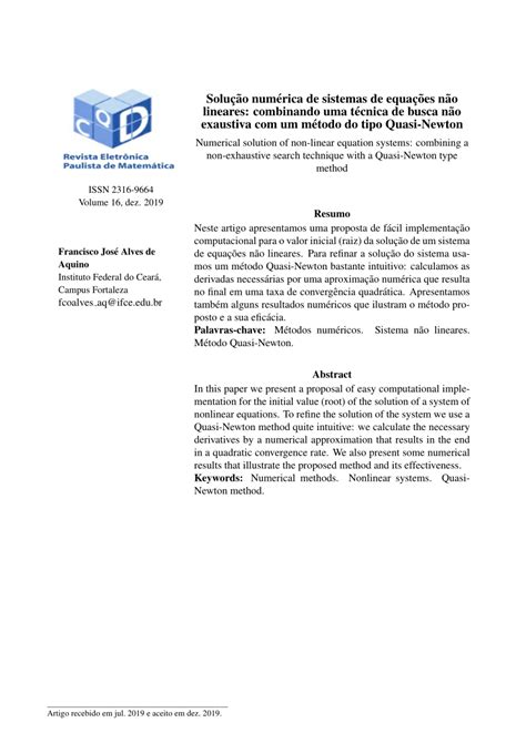 Pdf Solução Numérica De Sistemas De Equações Não Lineares Combinando