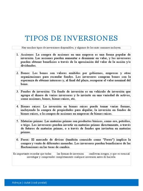 Tipos De Inversion Pdf Compartir Finanzas Inversiones