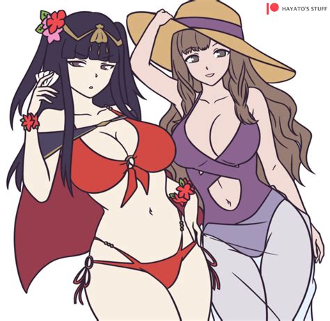 Rule 34 2girls Alternate Costume Bikini Black Hair Breasts Brown Hair