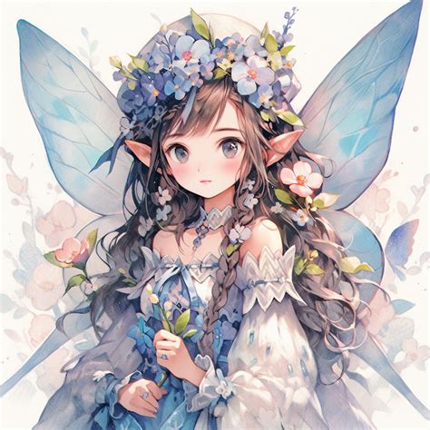 Premium Ai Image Anime Girl With Blue Dress And Flower Crown Holding A Flower Generative Ai