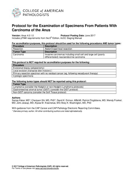 Fillable Online Cap Cancer Protocol Anus College Of American