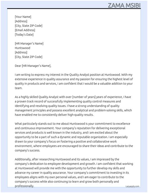 Cover Letter For Quality Analyst Lazyapply