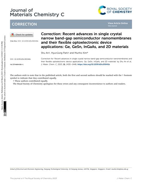 Pdf Correction Recent Advances In Single Crystal Narrow Band Gap Semiconductor Nanomembranes