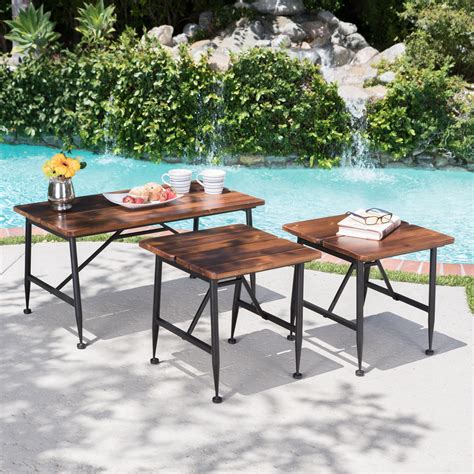 Cascada Outdoor Industrial Acacia Wood Coffee And Accent Table Set With