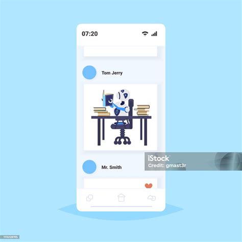 인공 지능 기술 교육 개념 스마트 폰 화면 모바일 응용 프로그램을 연구 직장 책상에 앉아 귀여운 로봇 독서 책 로봇 캐릭터 평면 가공의 인물에 대한 스톡 벡터 아트 및 기타