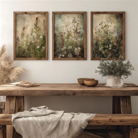 Set Of 3 Botanical Prints Cottagecore Decor Moody Floral Wall Art