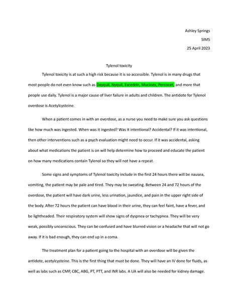 Tylenol Toxicity Notes Ashley Springs Sims 25 April 2023 Tylenol