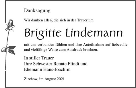 Traueranzeigen Von Brigitte Lindemann Trauer Anzeigen De