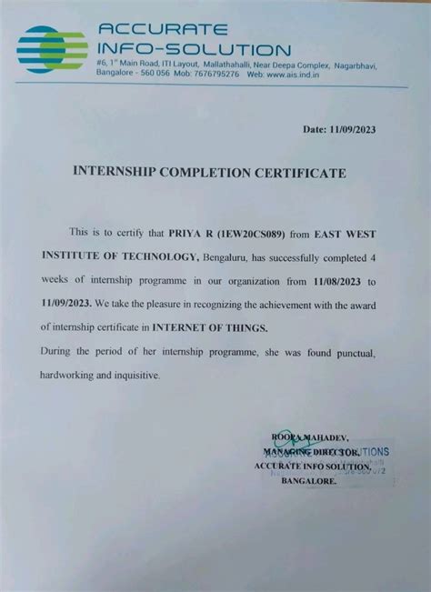 Priya R On Linkedin Iot Internshipexperience Certificate