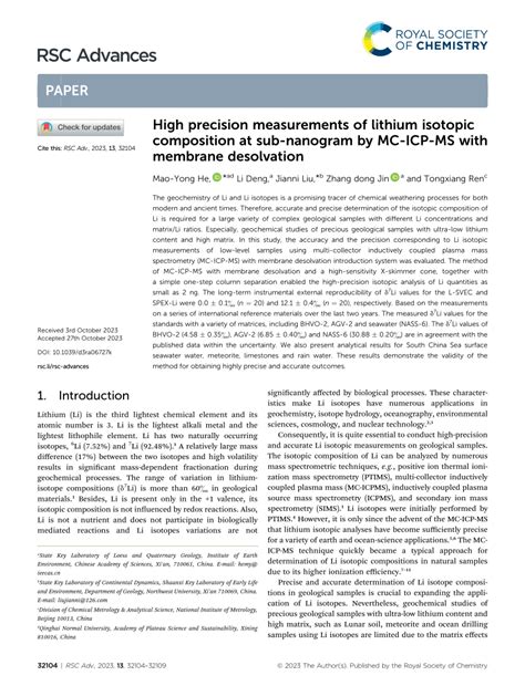 Pdf High Precision Measurements Of Lithium Isotopic Composition At Sub Nanogram By Mc Icp Ms
