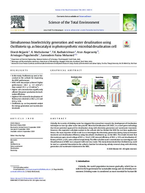 Pdf Bioelectricity And Desalination With Oscillatoria