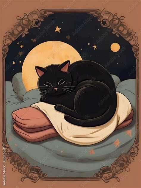 Sleeping Cute Black Cat Animal Illustration Art Stock Illustration