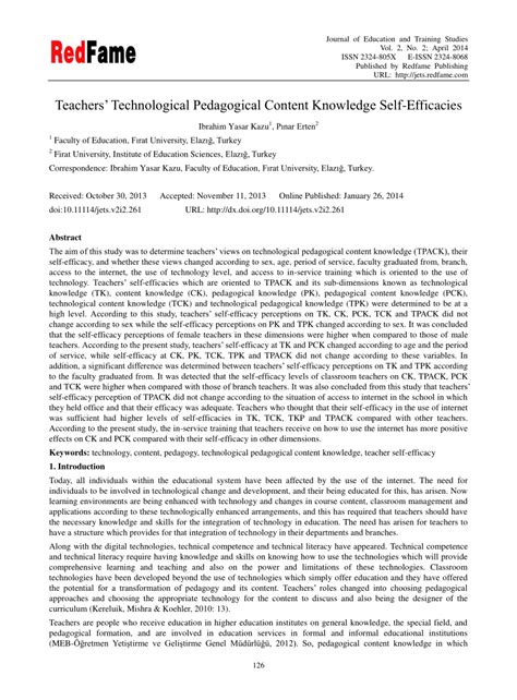 Pdf Teachers Technological Pedagogical Content Knowledge Self Efficacies