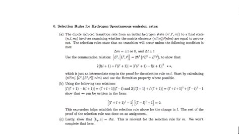 Solved 6 Selection Rules For Hydrogen Spontaneous Emission