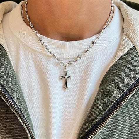 Y2k Grunge Chrome Color Silver Cross Pendant Necklace Color Gray