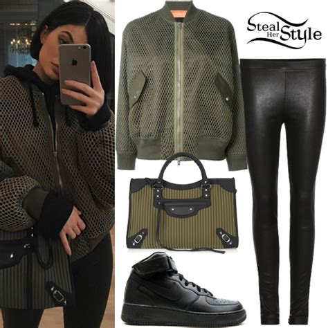 Kylie Jenner Khaki Mesh Jacket Leather Leggings
