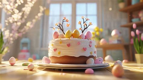 Spring Themed Cake Decorated With Blossoms And Easter Eggs In Sunlit Kitchen Happy Easter Stock