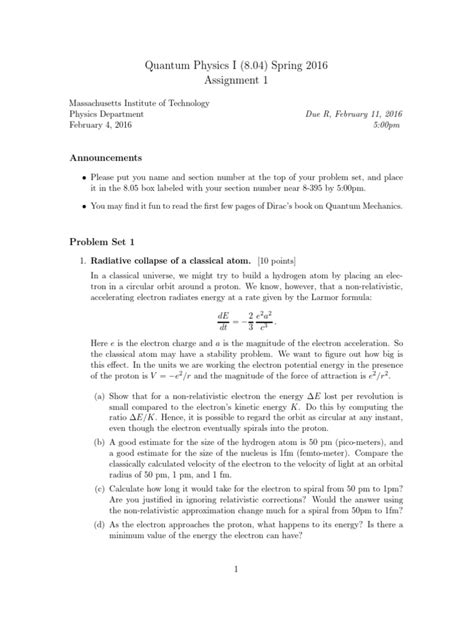 M I T Qm I Problem Sheet Pdf Electron Wave Function