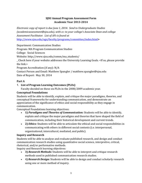 Sjsu Annual Program Assessment Form Academic Year 2013 2014
