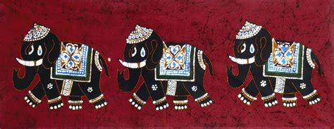 Three Decorated Elephants Batik Painting On Cloth