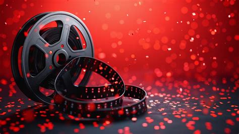 Retro Film Reel With Red Glitter Background Nostalgic Cinematic Essence