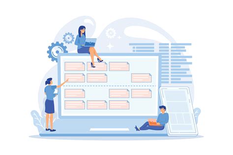 tiny people developers at laptop and customer requirements software