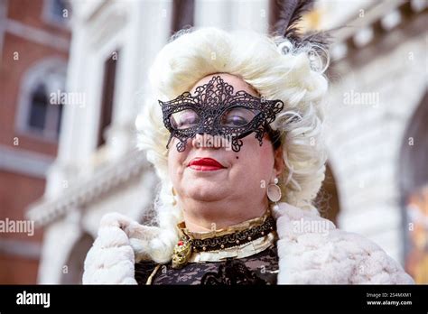 Elegant Caucasian Mature Woman In Masquerade Mask At Venetian Ca Stock