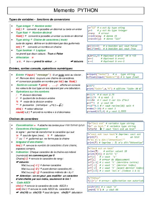 Memento Python 1 Memento Python Types De Variables Fonctions De