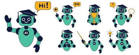 Set Modern Flat Illustrations Of Cute Ai Robot Chatbot In School