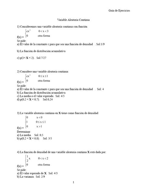 Guía De Ejercicios Variables Aleatorias Continuas Pdf Función De