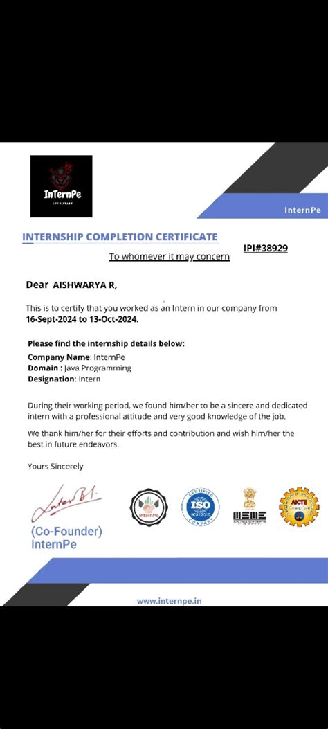 Aishwarya R On Linkedin Internpe Has Been An Incredible Learning