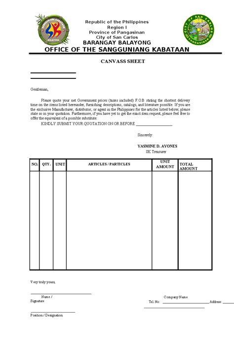 Canvas Procurement Canvass Sheet For Barangay Balayong Studocu