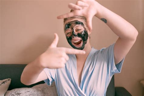 Self Care Face Mask And Funny Woman In Her Home House Or Apartment