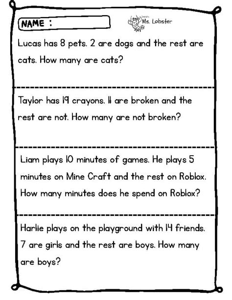 Missing Addend Word Problems By Ms Lobster Tpt