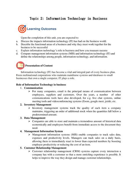 Topic 2 Infromation Technology In Business Presentation Of Content