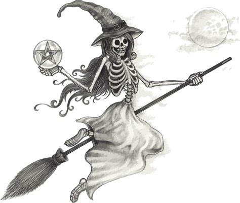 Fantasy Witch Skull Halloween Day Hand Drawing And Make Graphic Vector