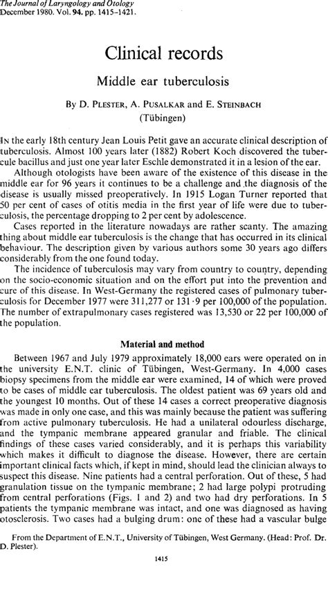 Middle Ear Tuberculosis The Journal Of Laryngology And Otology