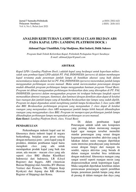 Pdf Analisis Kebutuhan Lampu Sesuai Class Bki Dan Abs Pada Kapal Lpd
