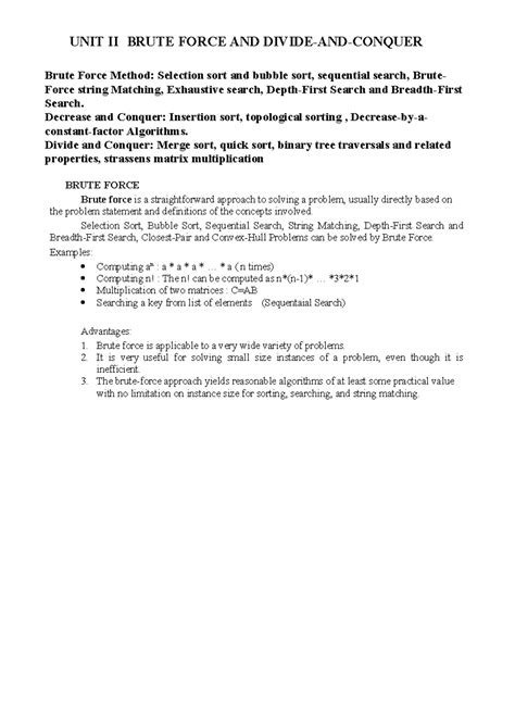 Ada Unit Ii Brute Force And Decrease And Conquer Algorithms Studocu