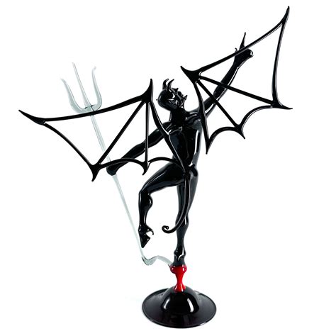 Black Devil With Wings And Trident Murano Glass Sculpture Art Figurines