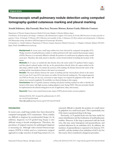 Pdf Thoracoscopic Small Pulmonary Nodule Detection Using Computed Tomography Guided Cutaneous