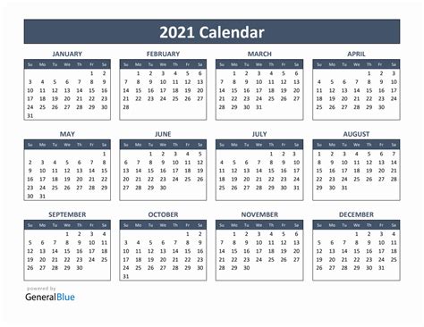 Basic Annual Calendar For Year 2021